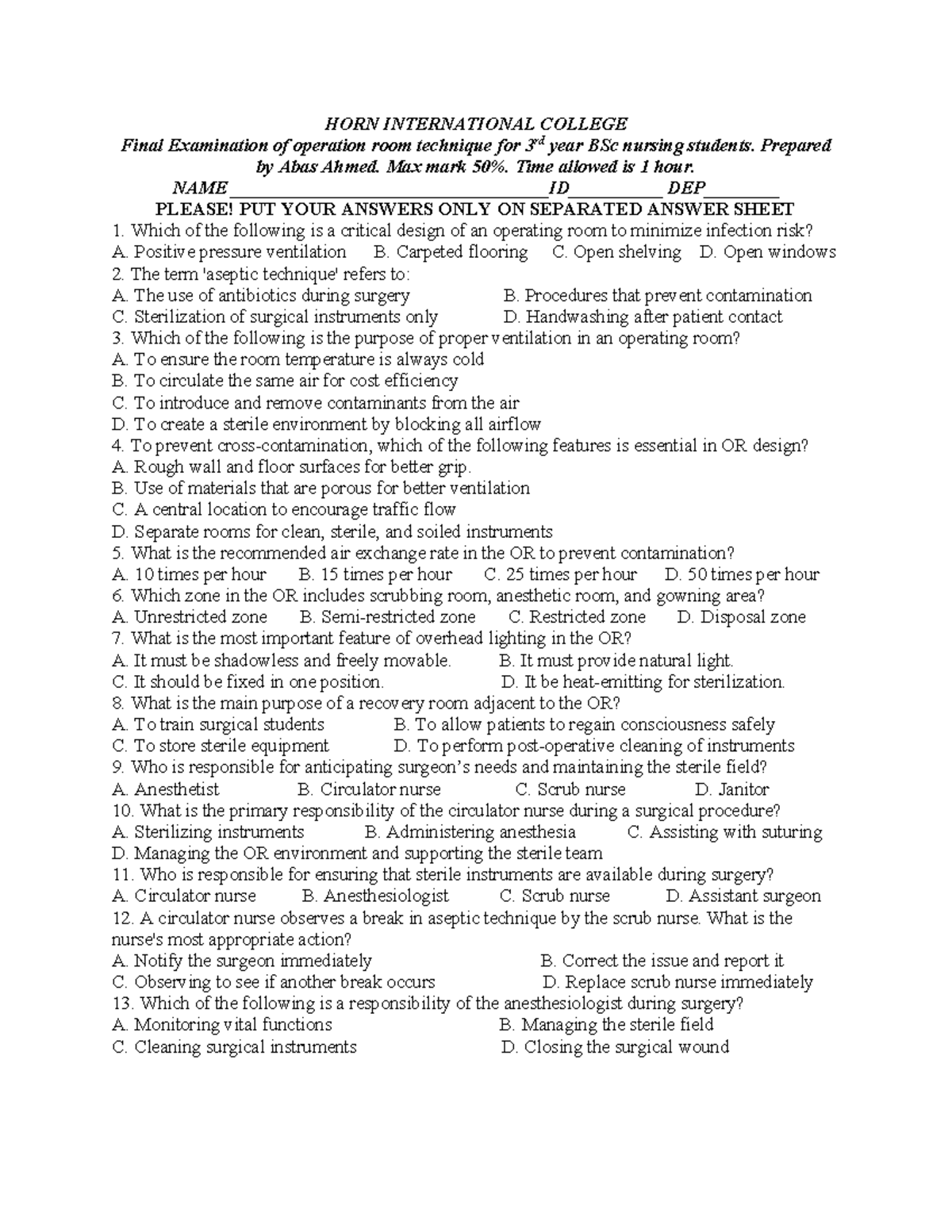 Final Exam OR 101 - Data Interpretation & Operating Room Techniques ...
