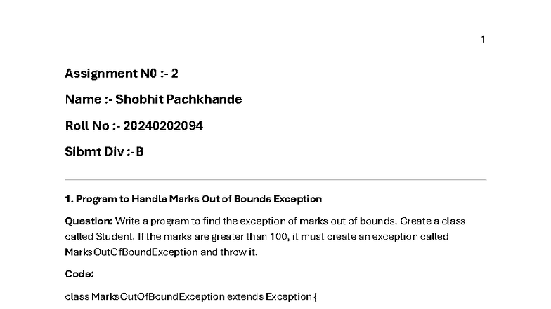 Assignment No 2: Java Programming Exercises and Exception Handling - Studocu