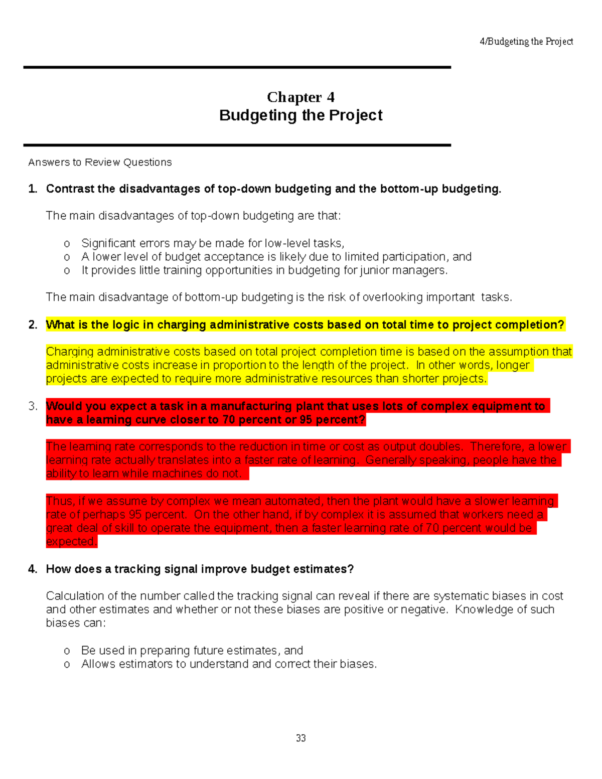 Budgeting Project Insights: Answers to Chapter 4 Review Questions - Studocu