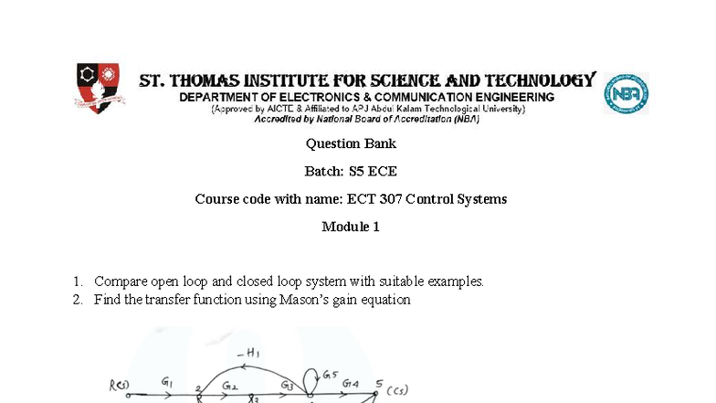 ECT 307 Control Systems: Question Bank Module 1 - Studocu