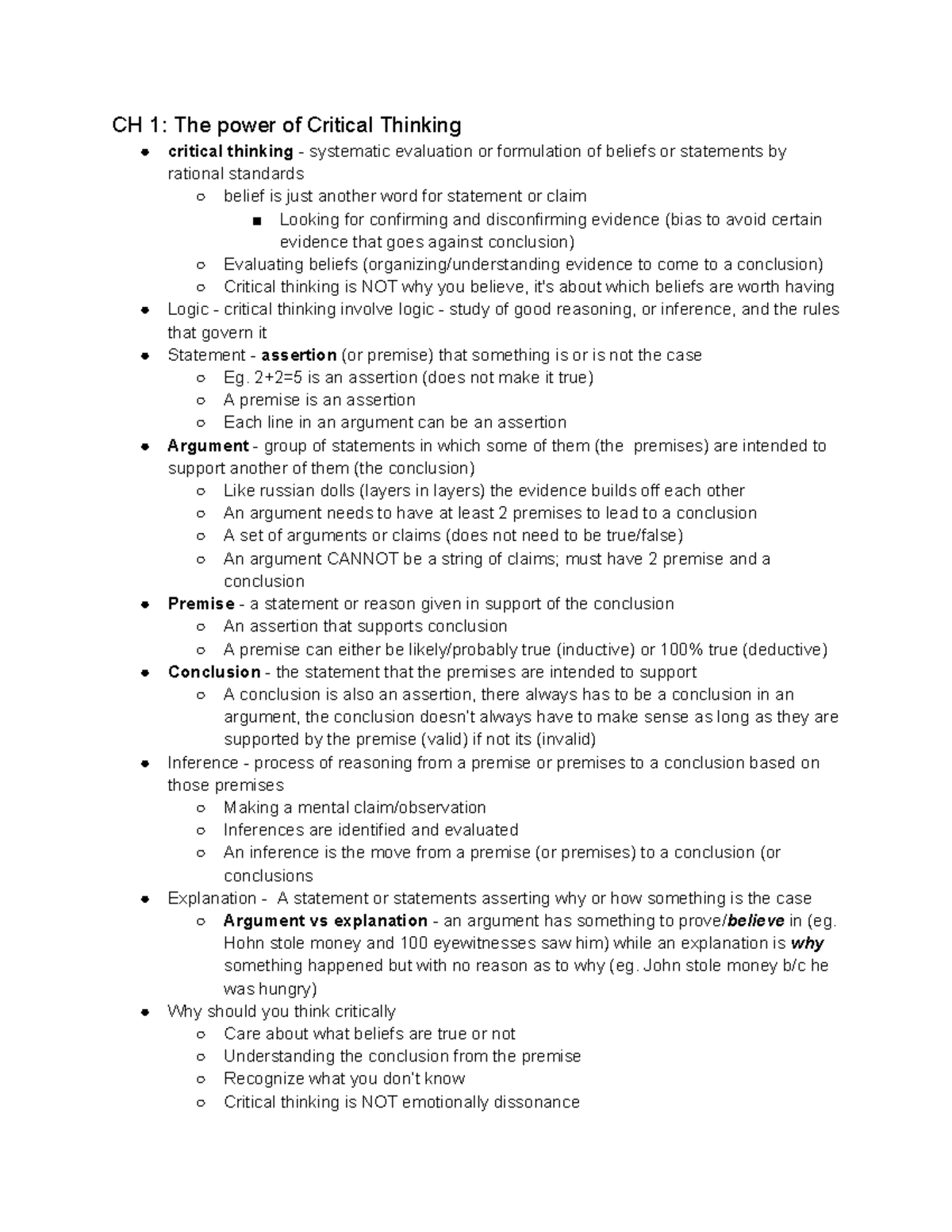 SSH 105 - Chapter 1: Understanding Critical Thinking Concepts - Studocu