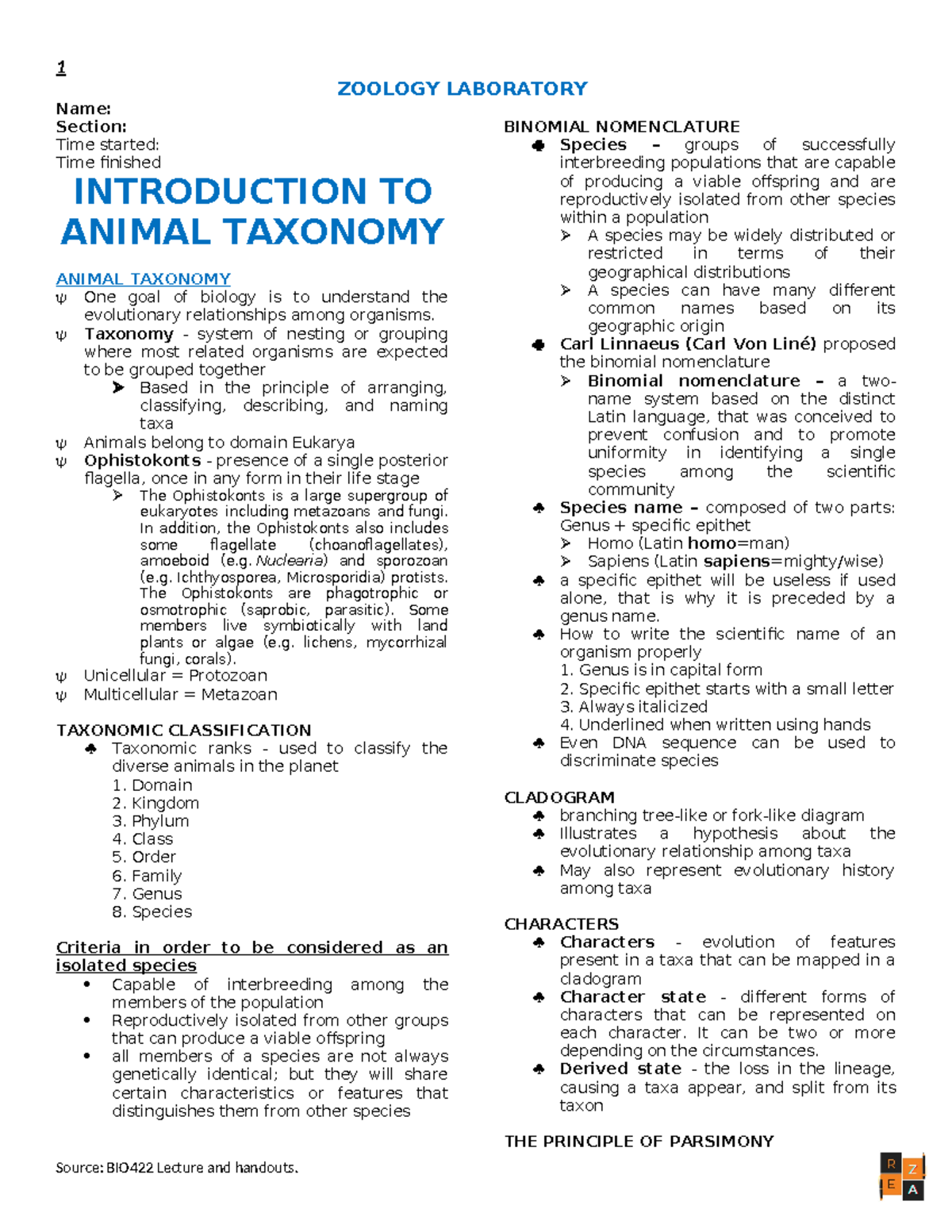 Zoology Lab ACT1: Intro to Animal Taxonomy and Classification Concepts ...