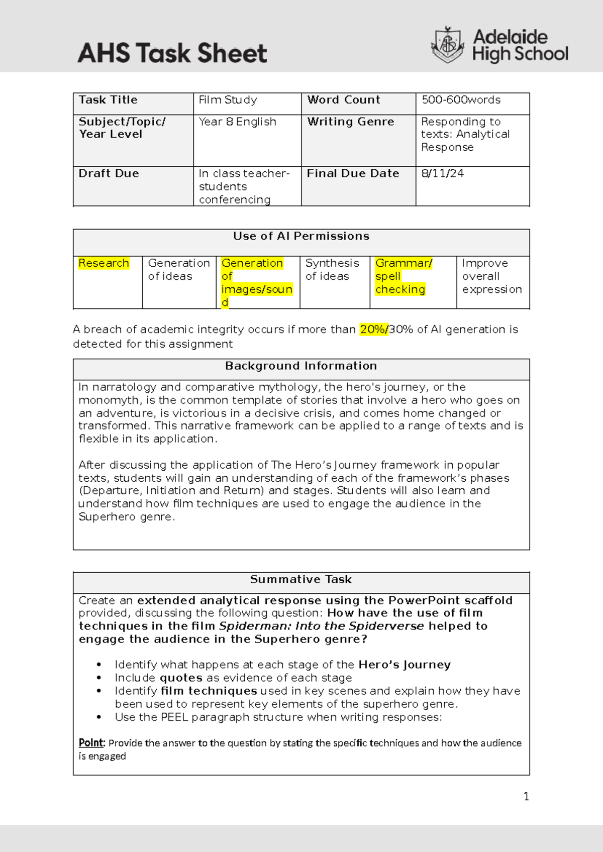 Year 8 English Film Study Task: Analytical Response on Spiderman Film ...