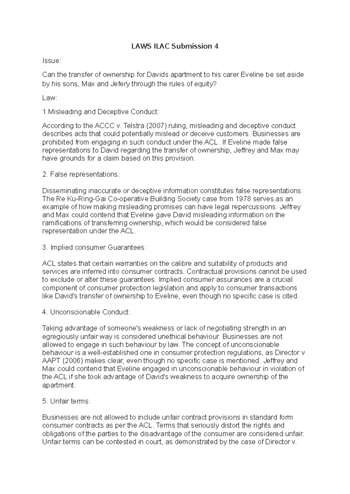 LAWS ILAC Submission 4: Equity Issues in Property Transfer to Carer ...