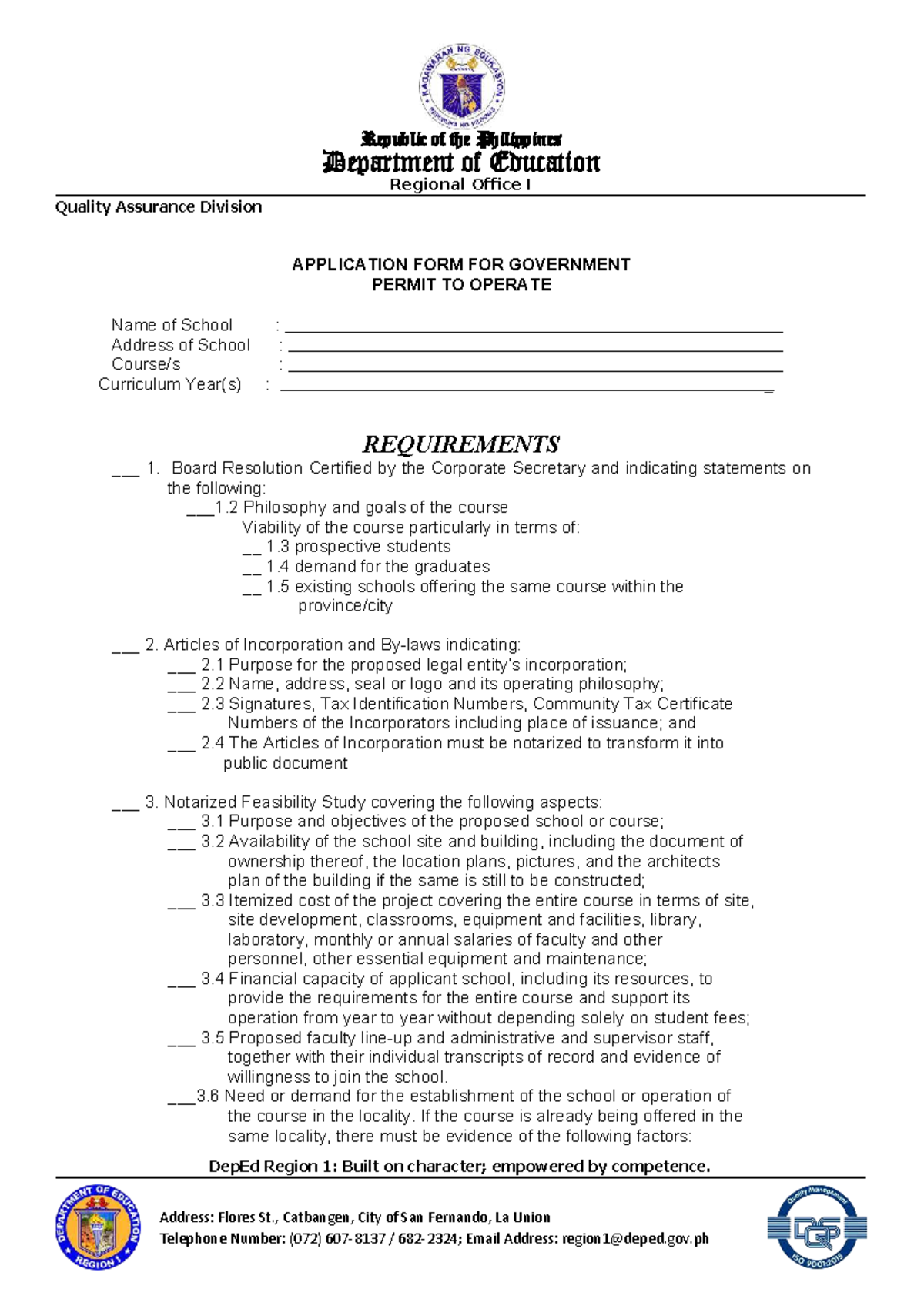 APPLICATION FORM FOR GOV'T PERMIT TO OPERATE - DepEd Region I - Studocu