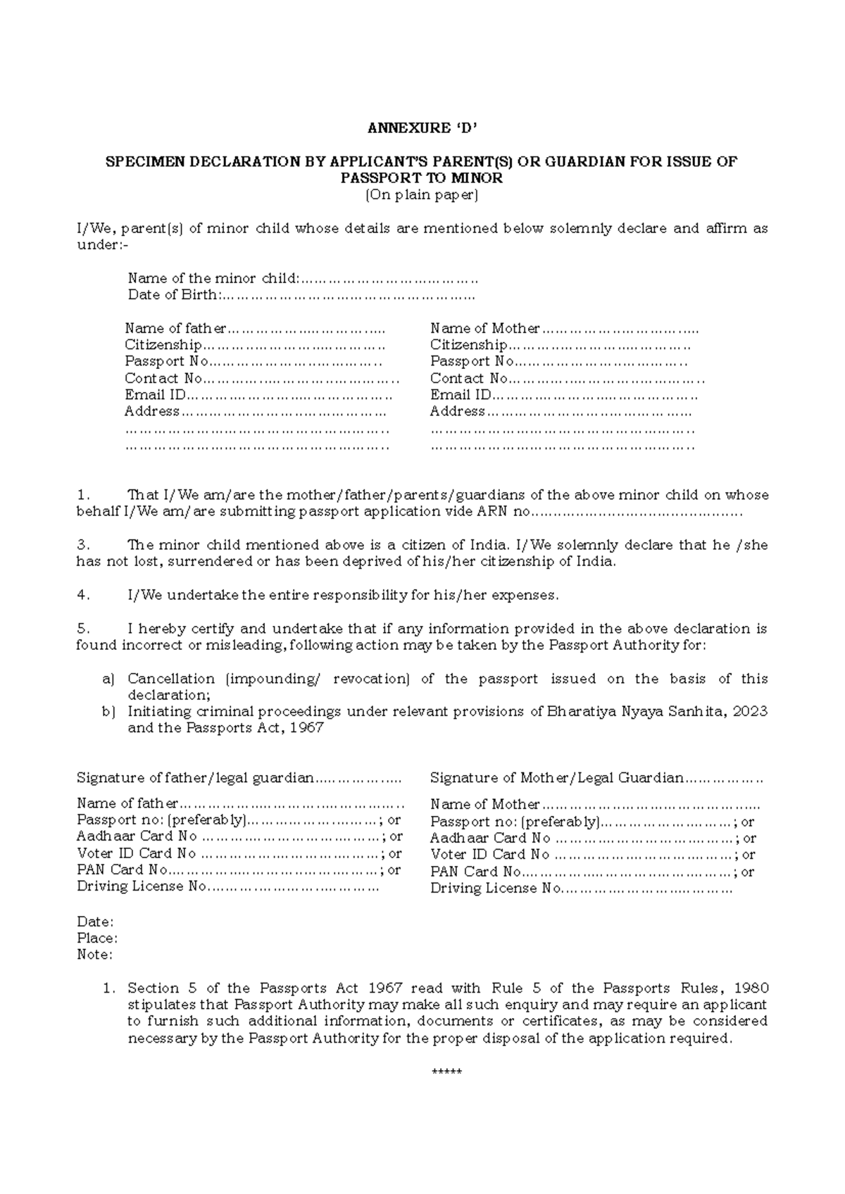 ANNEXURE D: Declaration for Passport Issuance for Minor - Studocu
