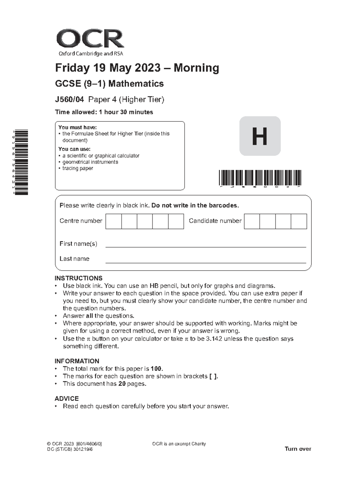 GCSE Mathematics Paper 4 (Higher Tier) - OCR J560/04 - May 2023 - Studocu