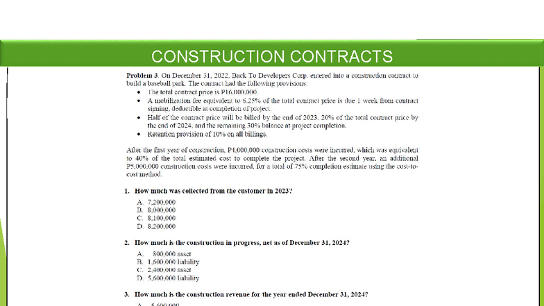 Construction Contracts - Problem 3 Analysis and Revenue Calculation ...