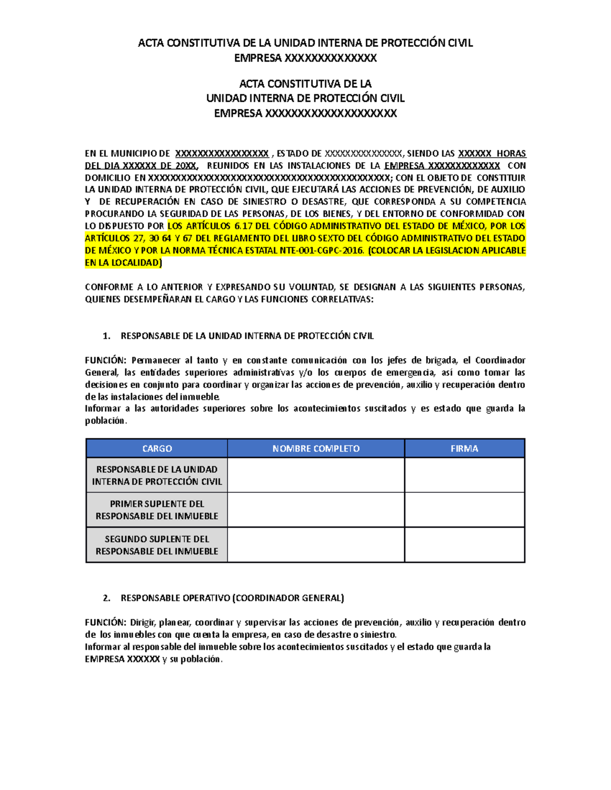 Ejemplo de Acta Constitutiva UIPC - Unidad Interna Protección Civil - Studocu