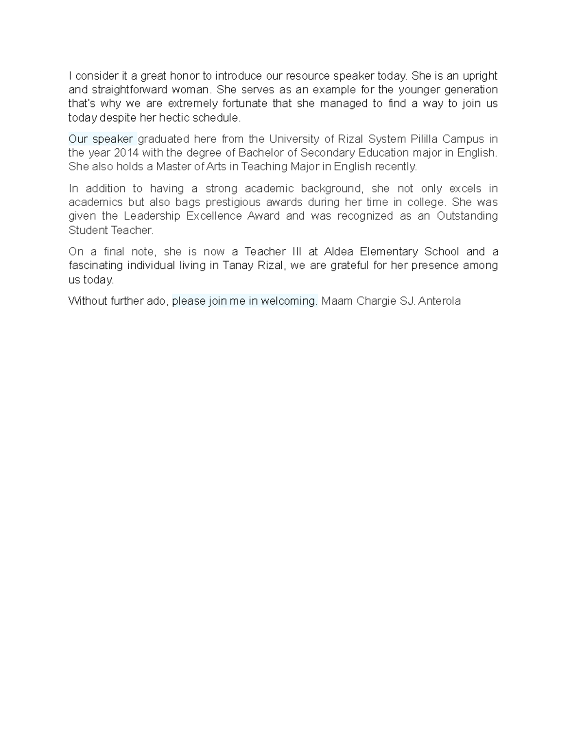 Intro to speaker - for programs - I consider it a great honor to ...