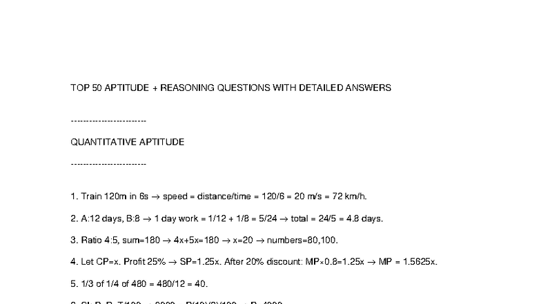 TOP 50 APTITUDE REASONING QUESTIONS & ANSWERS - PLACEMENT ROUND 1 - Studocu
