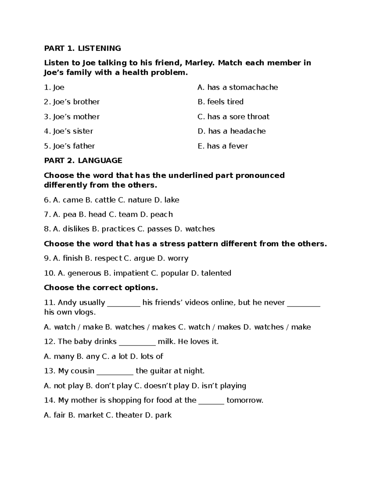 GK1 Test 2: Listening, Language, and Reading Exercises - Studocu