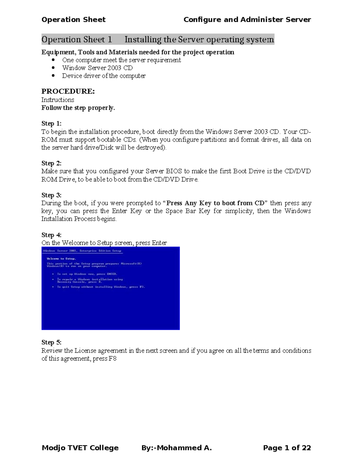 HNS III UC 3 Operation Sheet: Installing Windows Server 2003 - Studocu