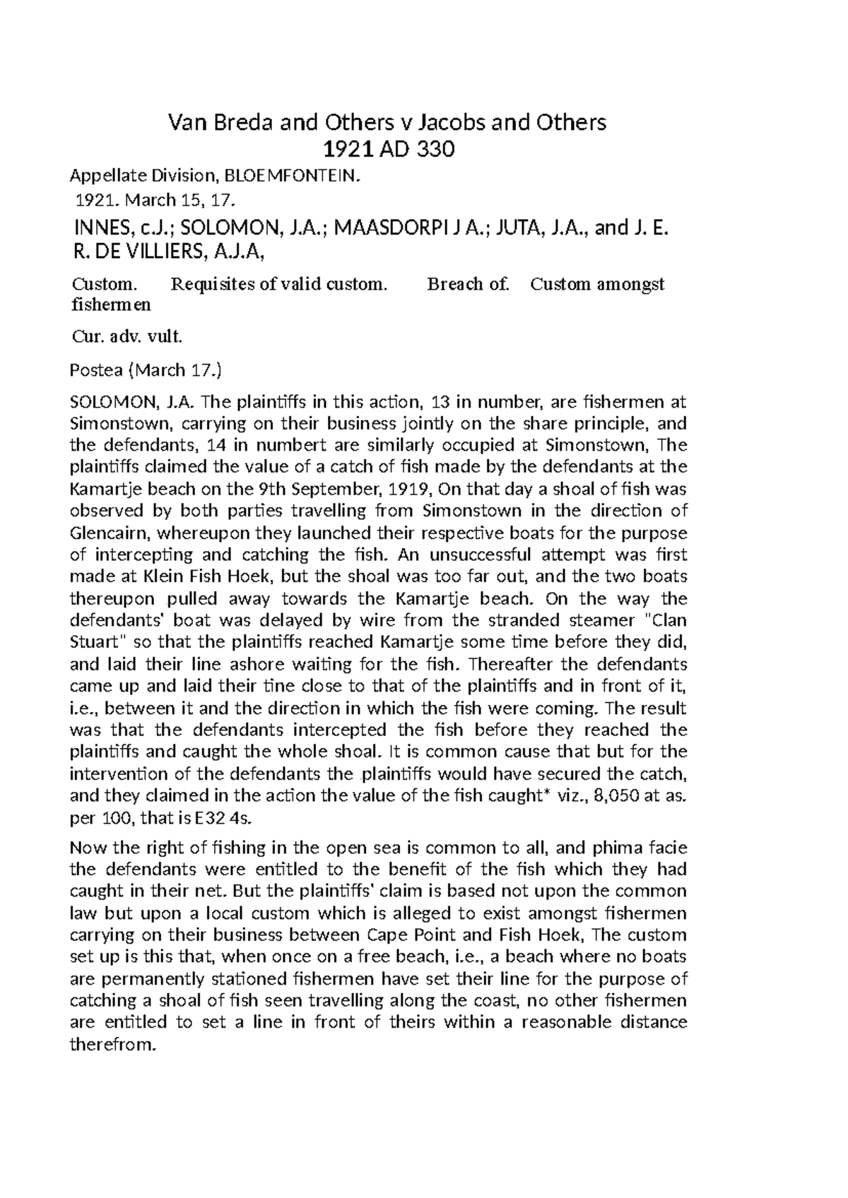 Case Study: Van Breda & Others v Jacobs & Others 1921 AD 330 - Studocu