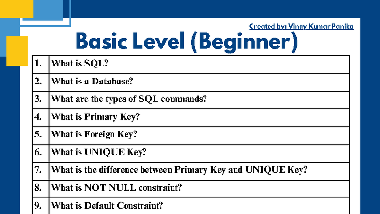 SQL Interview Questions: Beginner to Advanced Concepts - Studocu