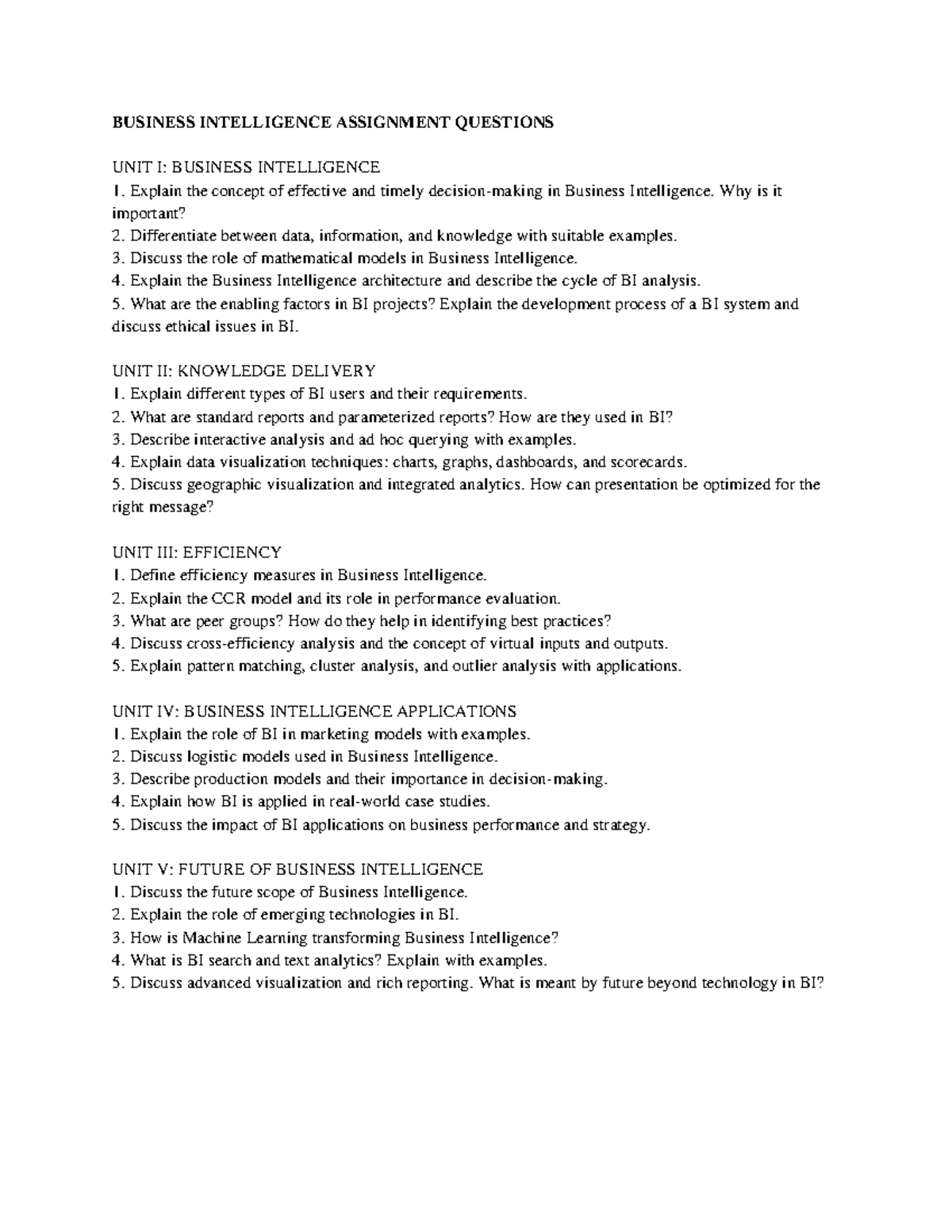 BUSINESS INTELLIGENCE ASSIGNMENT QUESTIONS (UNIT I-V) - Studocu