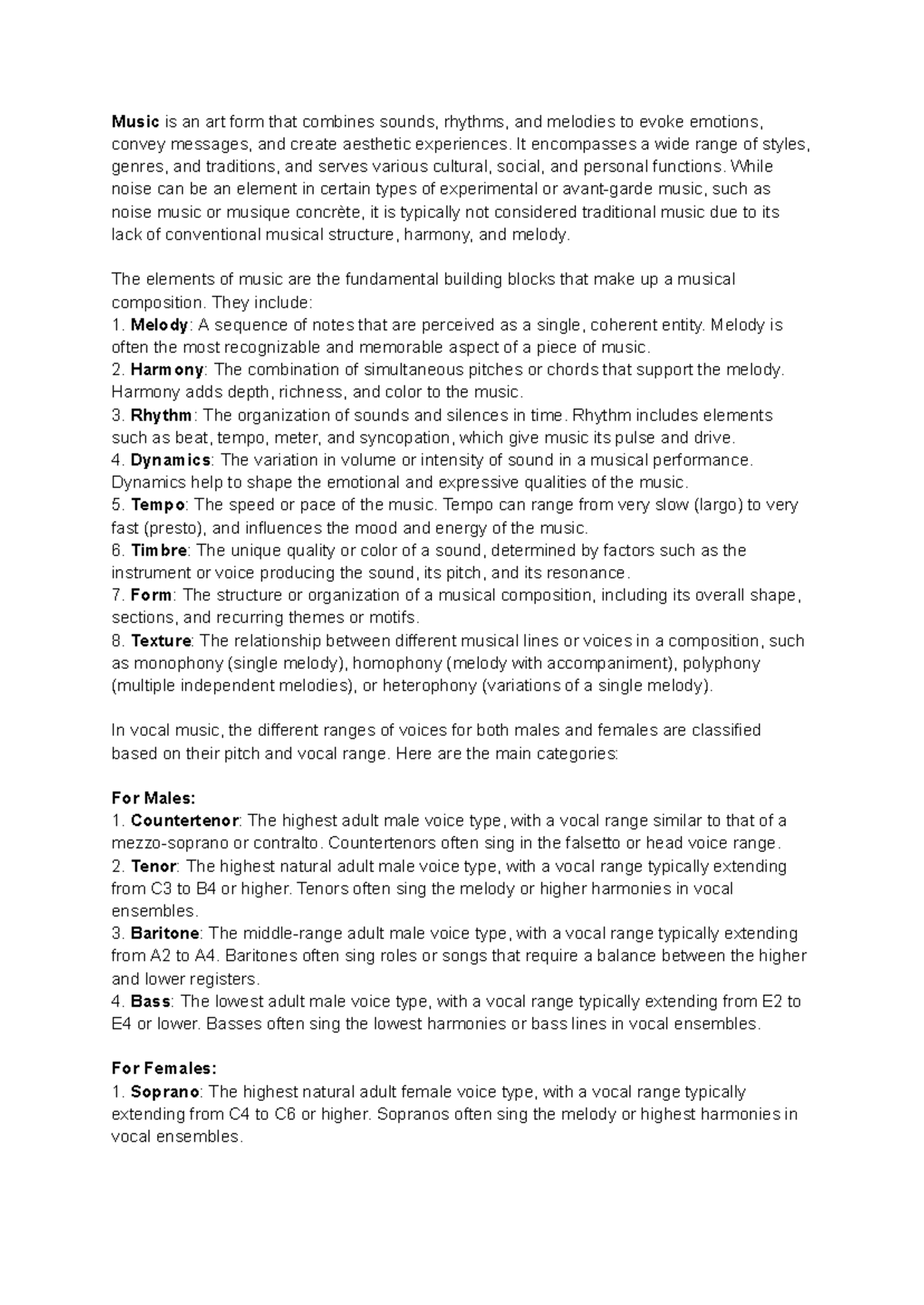 Art App-Music-1: Understanding Music Elements & Vocal Ranges - Studocu