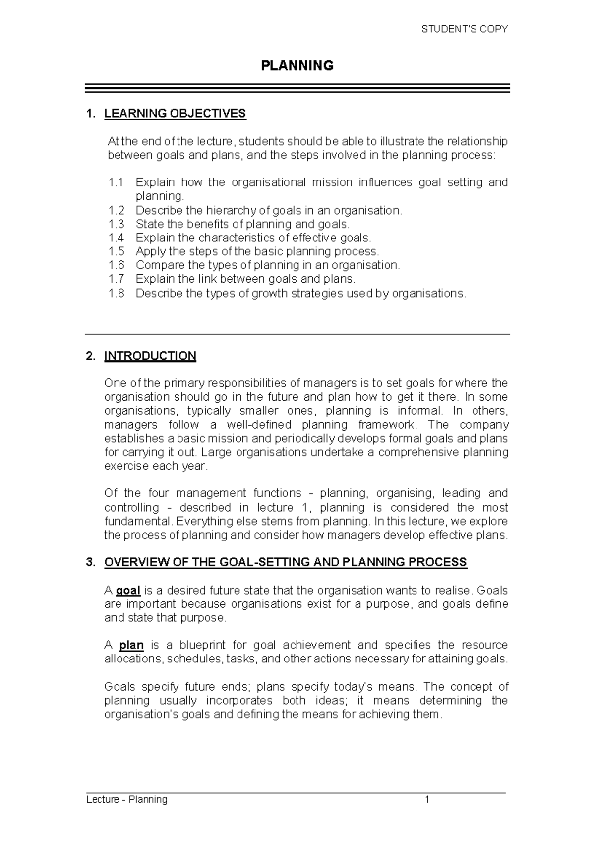 POM 3 Lecture Notes: Effective Planning & Goal Setting Process - Studocu