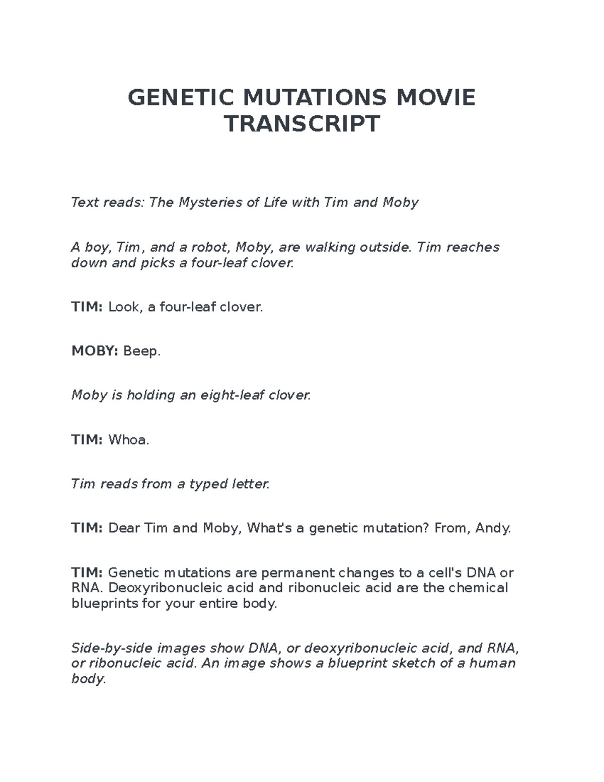 Genetic Mutations Movie Transcript - GENETIC MUTATIONS MOVIE TRANSCRIPT ...