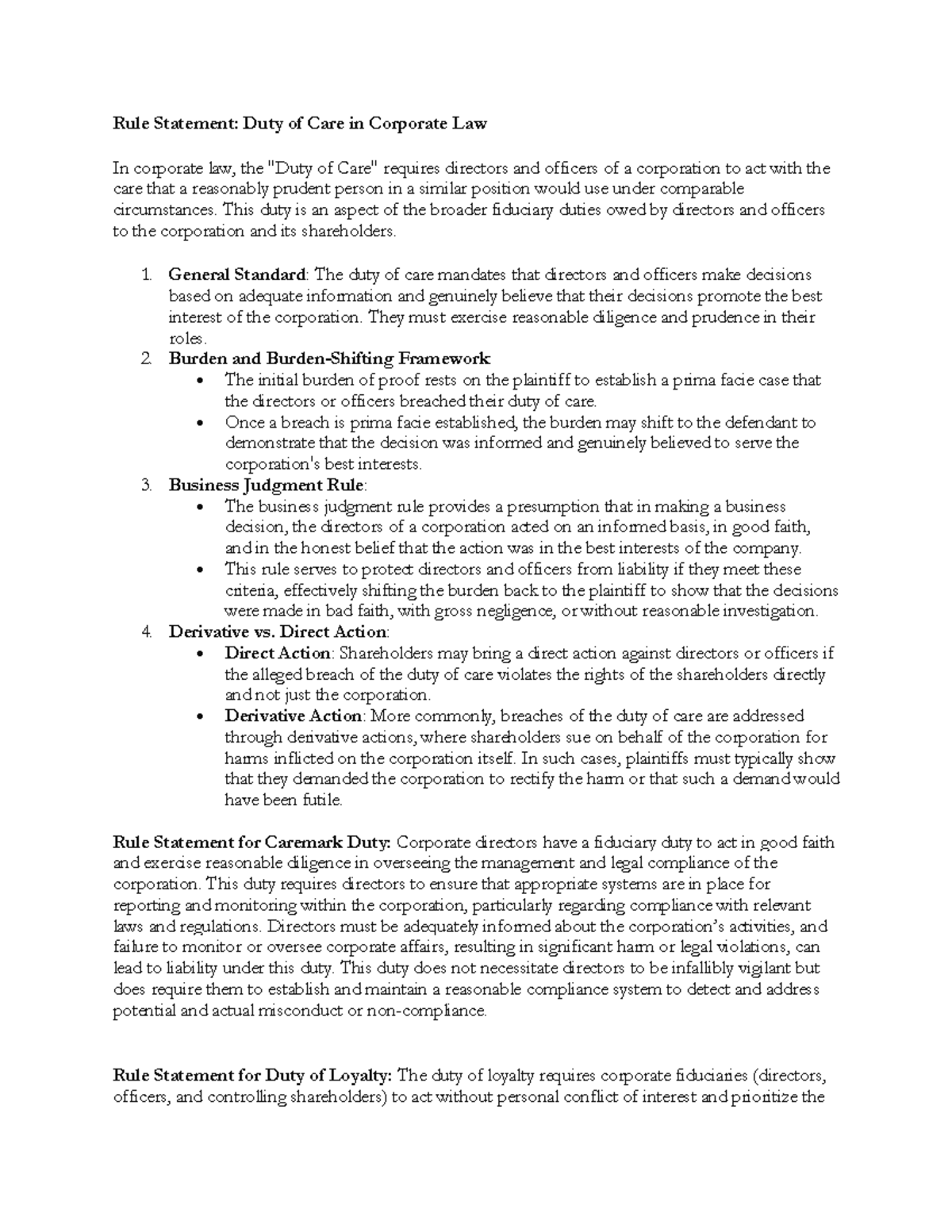 Rule Statements for Duty of Care and Loyalty in Corp. Law - Studocu