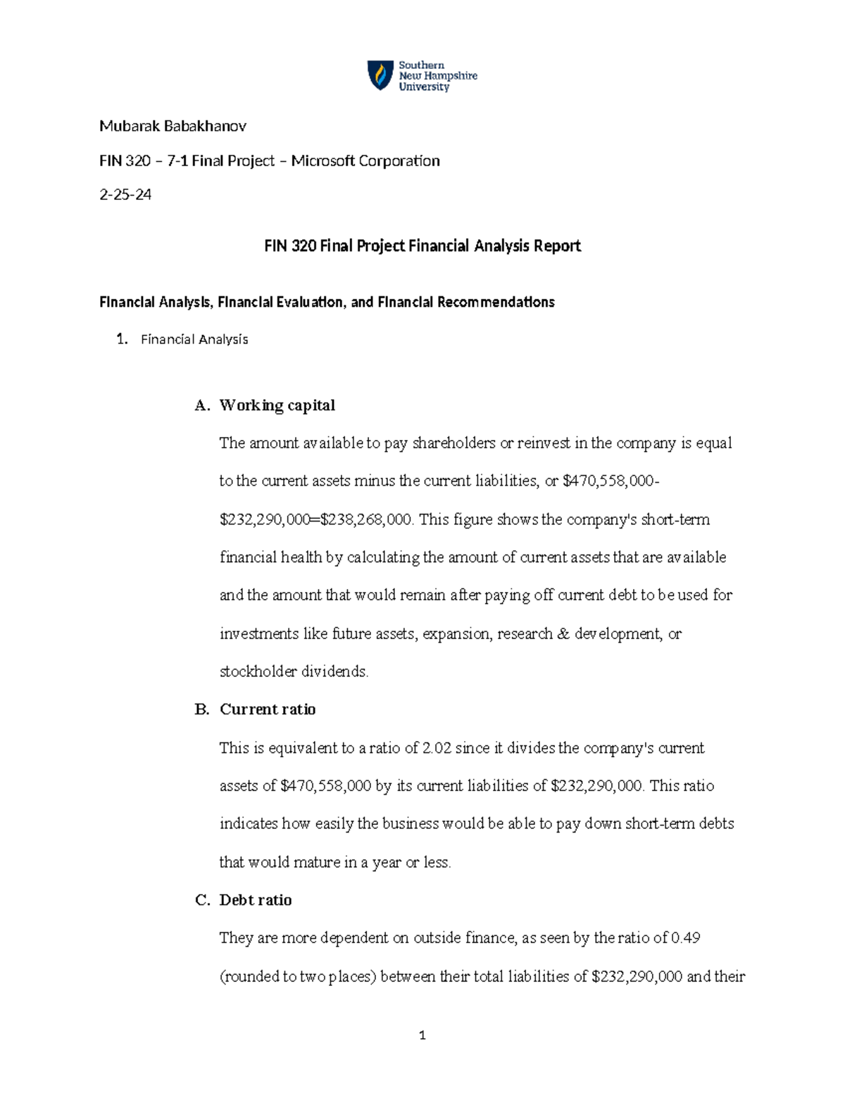 FIN 320 Final Project: Comprehensive Financial Analysis of Microsoft - Studocu