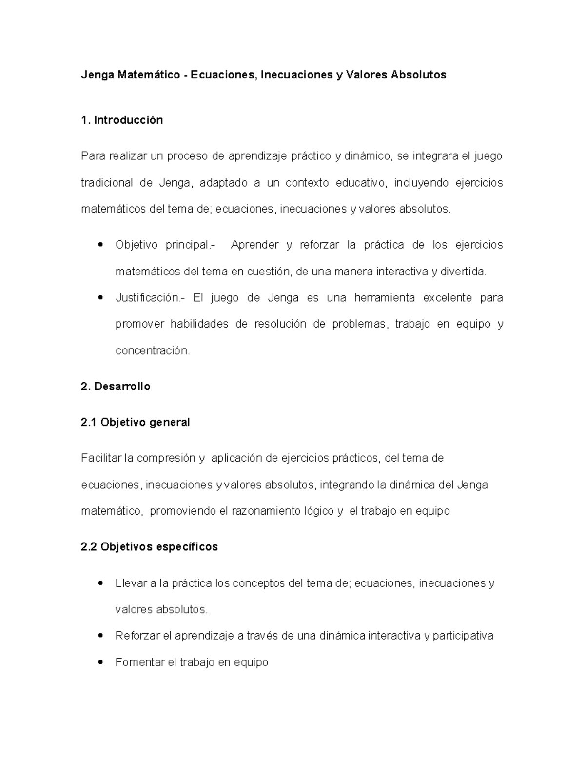 Jenga Matemático: Ecuaciones, Inecuaciones y Valores Absolutos - Studocu