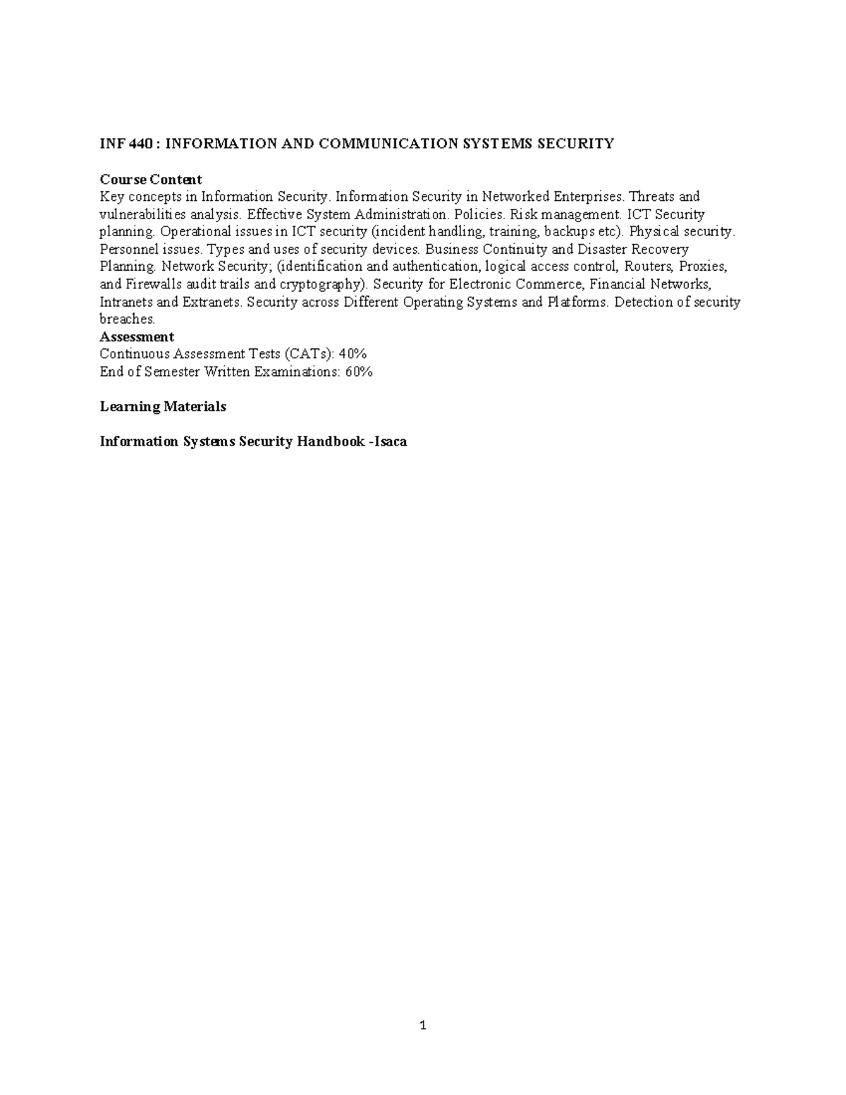 Lecture 1 Information Security Basics - INF 440 : INFORMATION AND COMMUNICATION SYSTEMS SECURITY ...