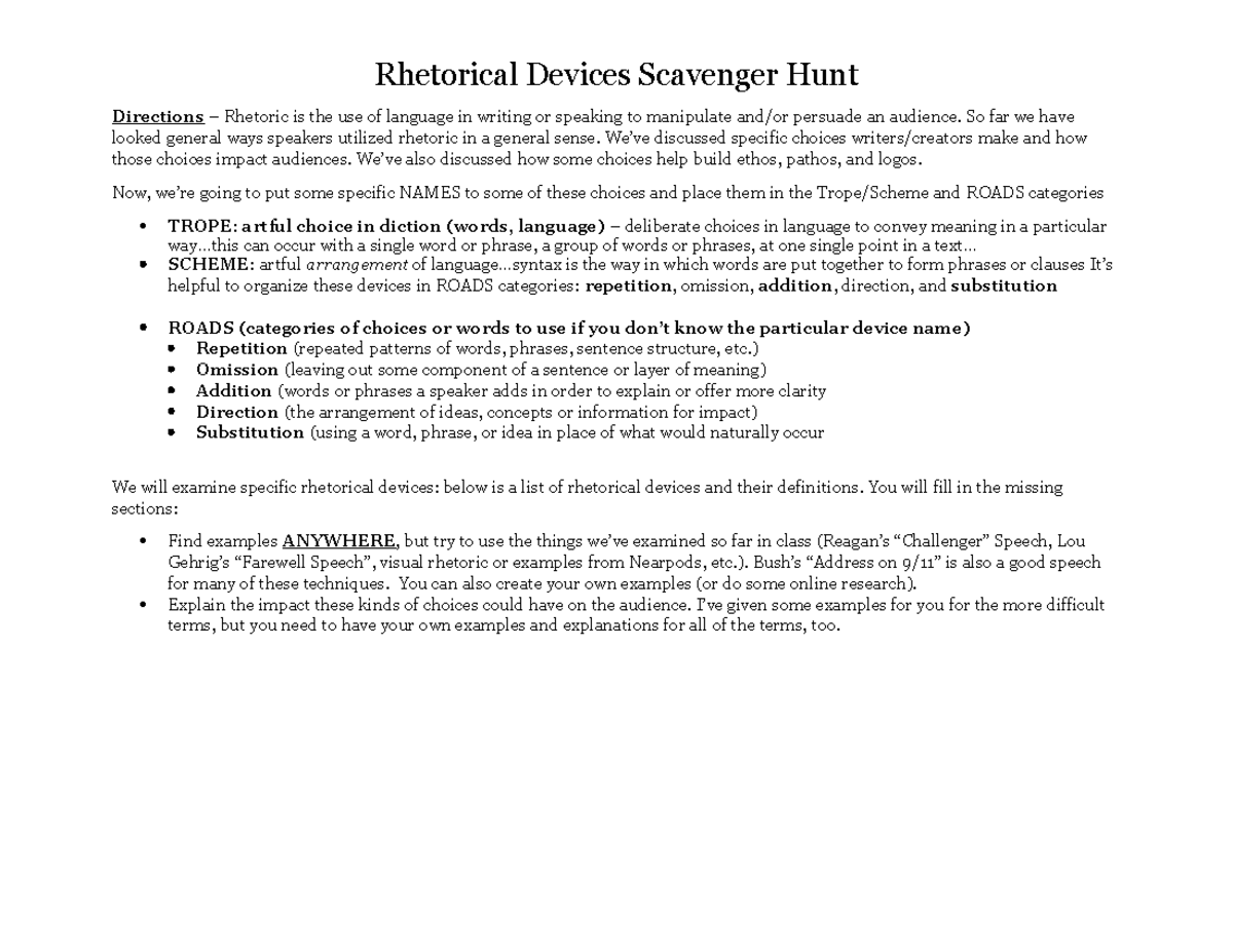 Rhetorical Devices Scavenger Hunting - Rhetorical Devices Scavenger ...
