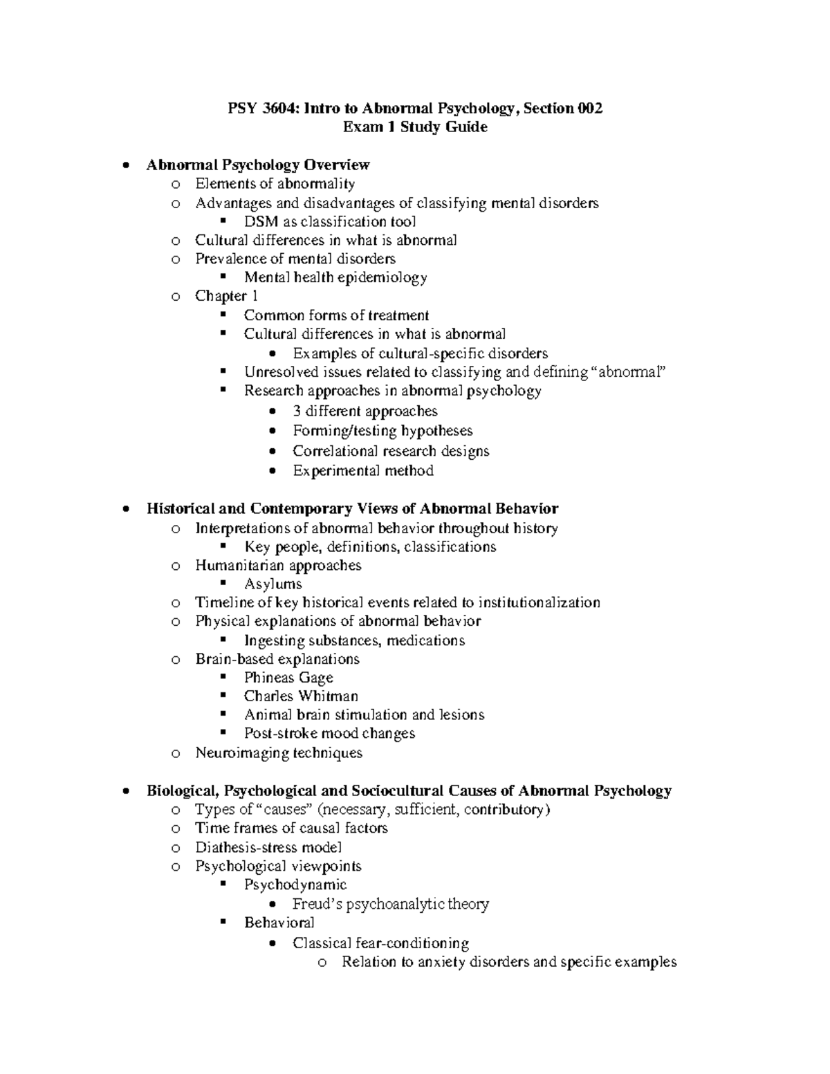 Exam 1 Study Guide - PSY 3604: Intro to Abnormal Psychology, Section ...