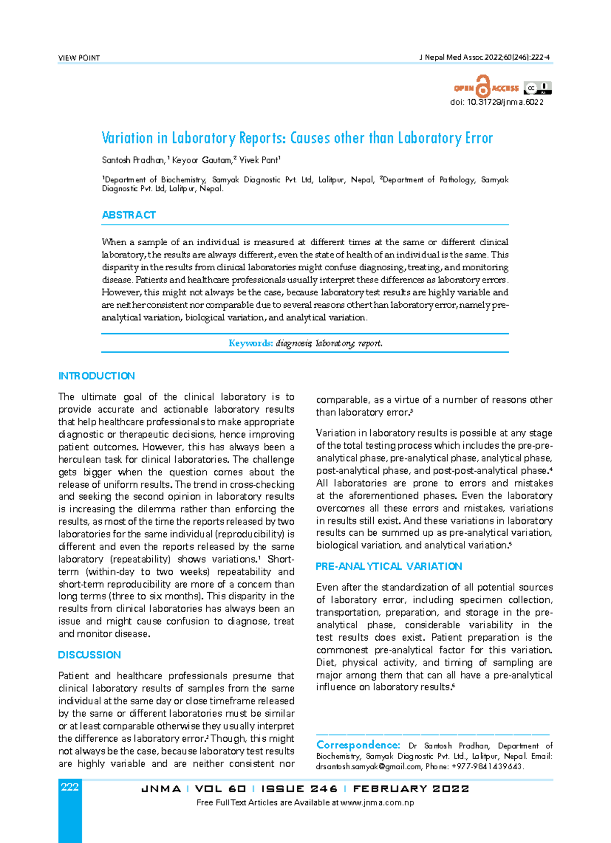 Variation in Laboratory Reports: Causes Beyond Errors (JNMA 60-246 ...
