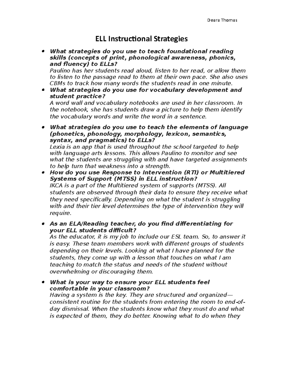 Clinical Field Experience B ELL Instructional Strategies - Deara Thomas ...