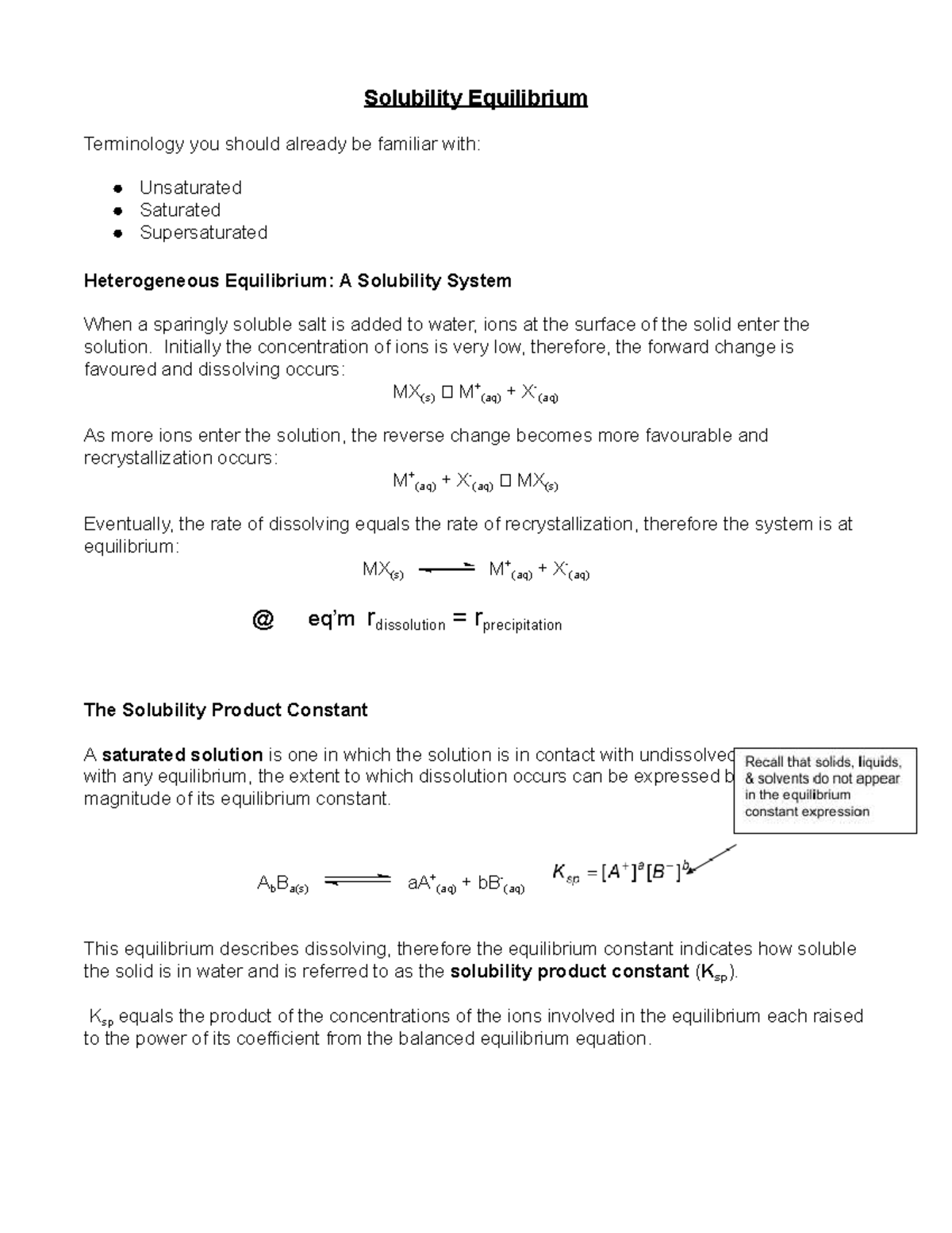 Solubility Equilibrium Concepts and Calculations (CHEM 101) - Studocu