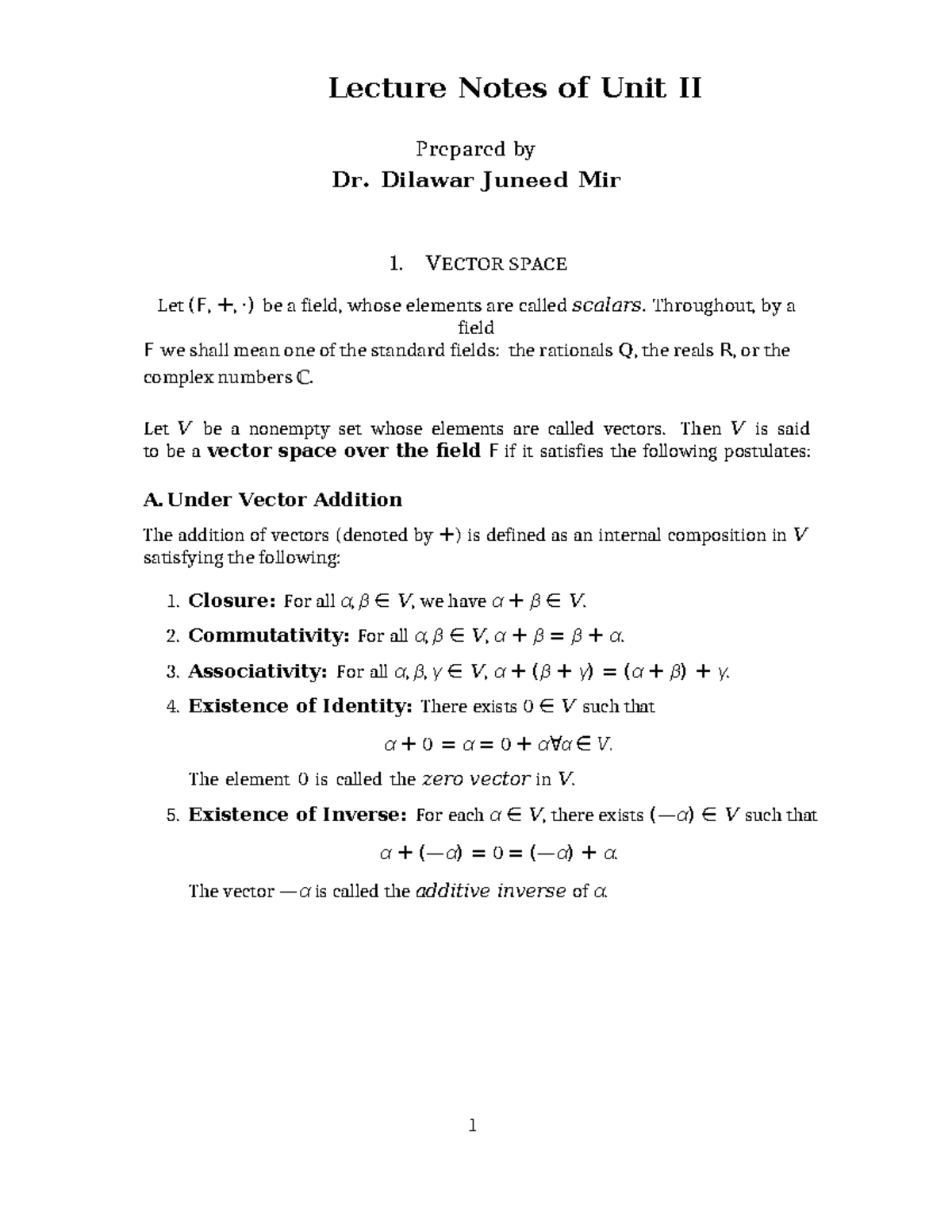 Lecture Notes on Vector Spaces - Unit II (MATH 101) - Studocu