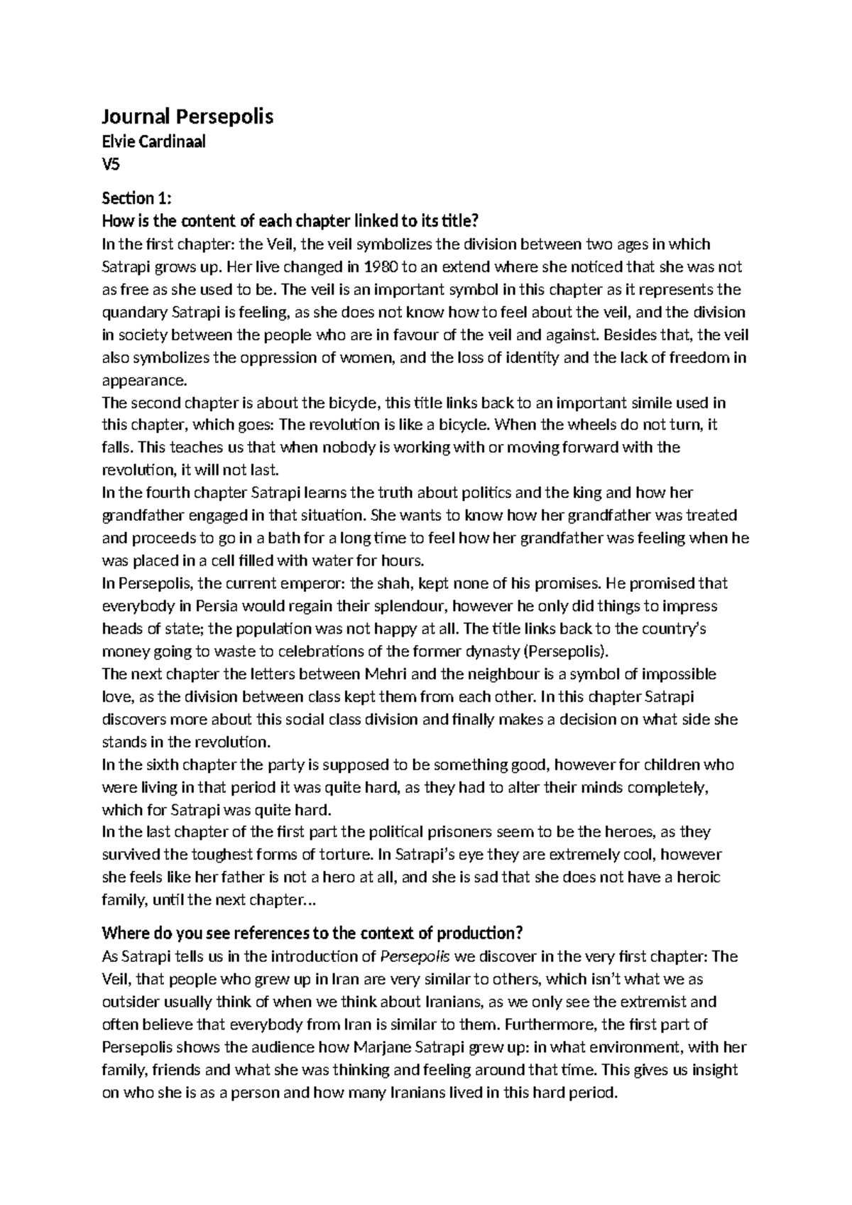 Persepolis Journal Analysis: Elvie Cardinaal Insights & Themes ...