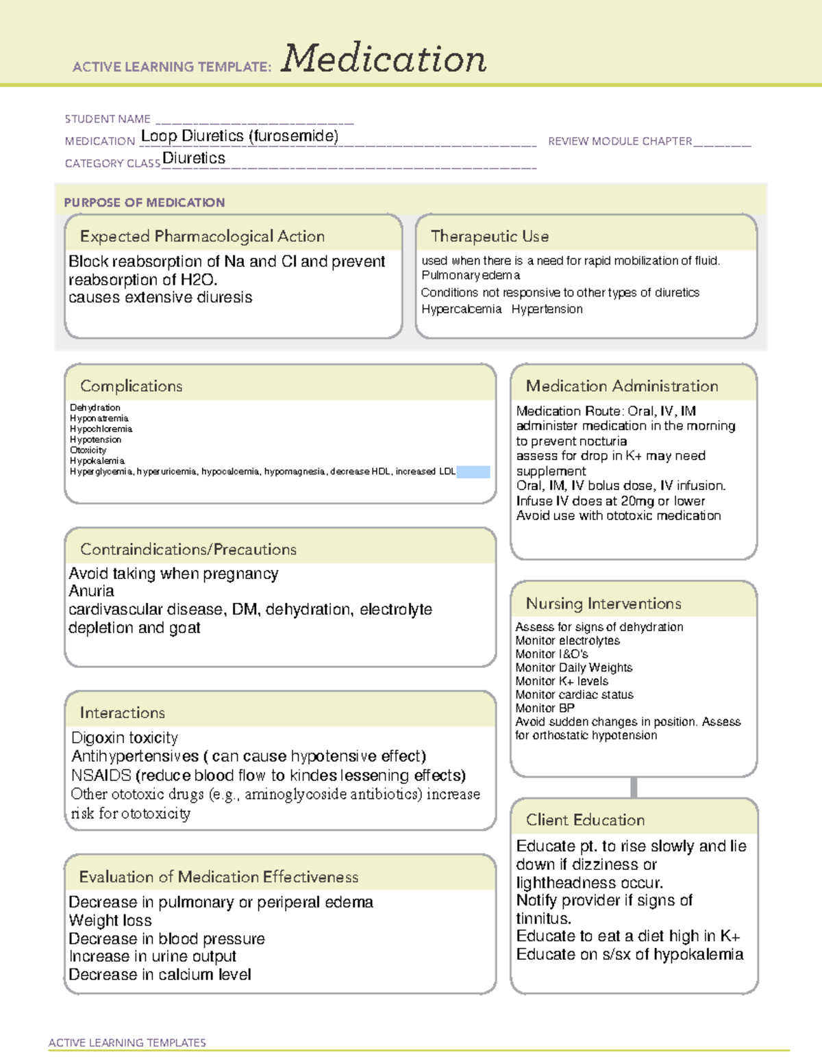 Loop Diuretics (Furosemide) - Active Learning Template Notes - Studocu
