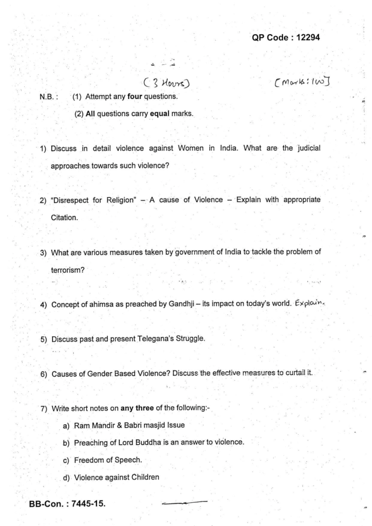 QP Code: 12294 - May 2015 ENV Exam on Violence & Social Issues - Studocu