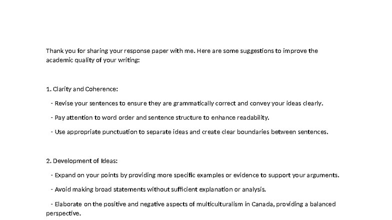 Improving Academic Quality: Suggestions for Your Response Paper - Studocu