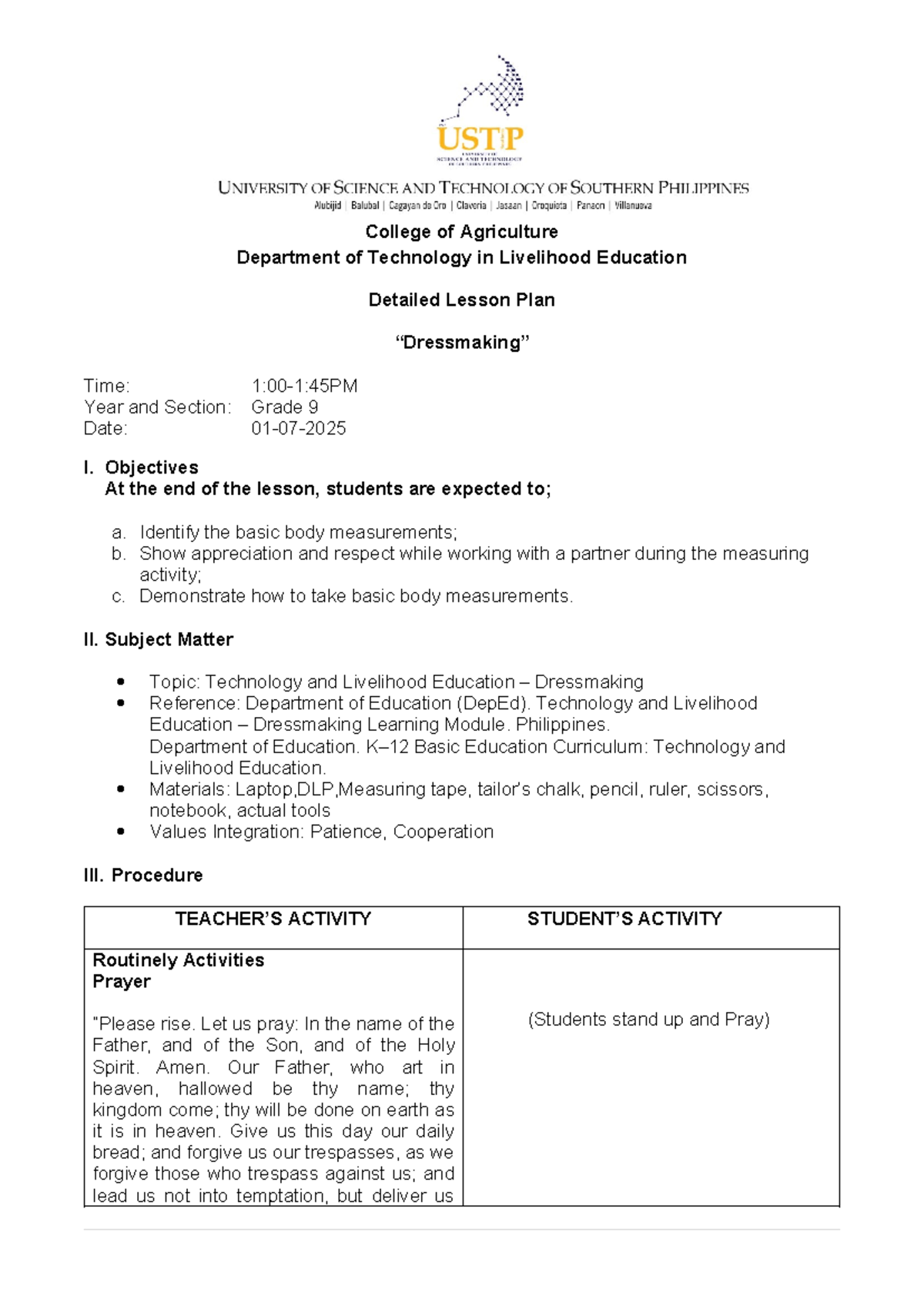 Detailed Lesson Plan: Body Measurements in TLE (Grade 9) - Studocu