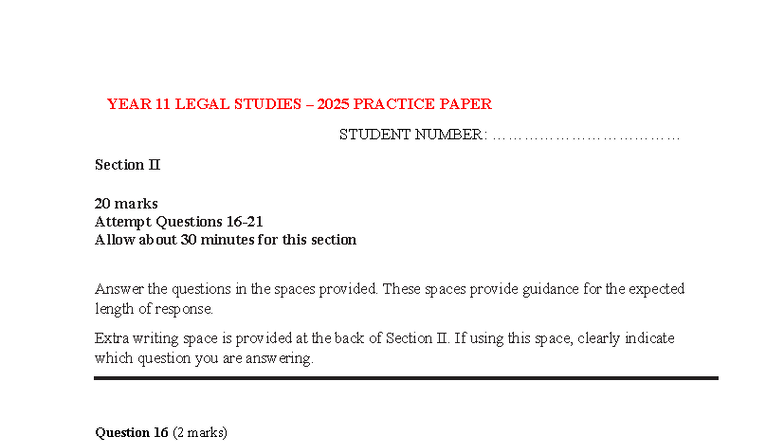 YEAR 11 LEGAL STUDIES 2025 PRACTICE PAPER SHORT ANSWER QUESTIONS - Studocu