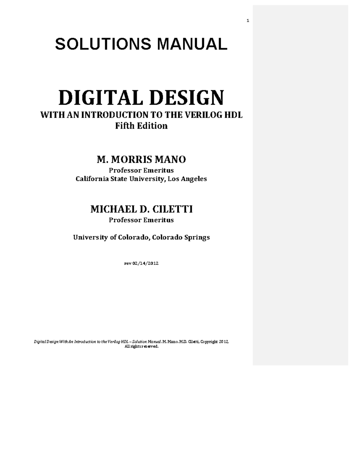 Digital Design 5th Ed. Mano Solutions Manual - Complete Guide - Studocu