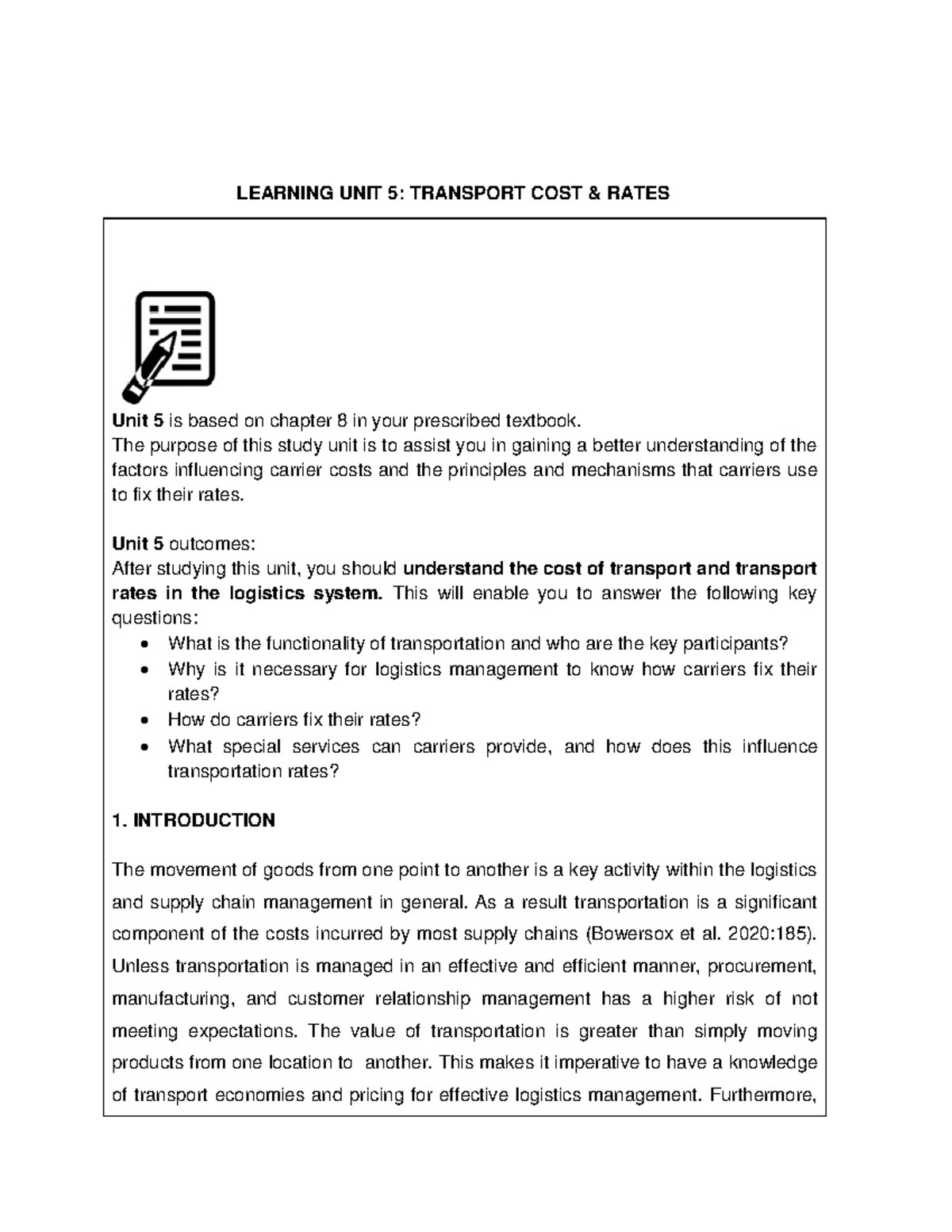 TRL3707 Learning Unit 5: Understanding Transport Cost Rates - Studocu