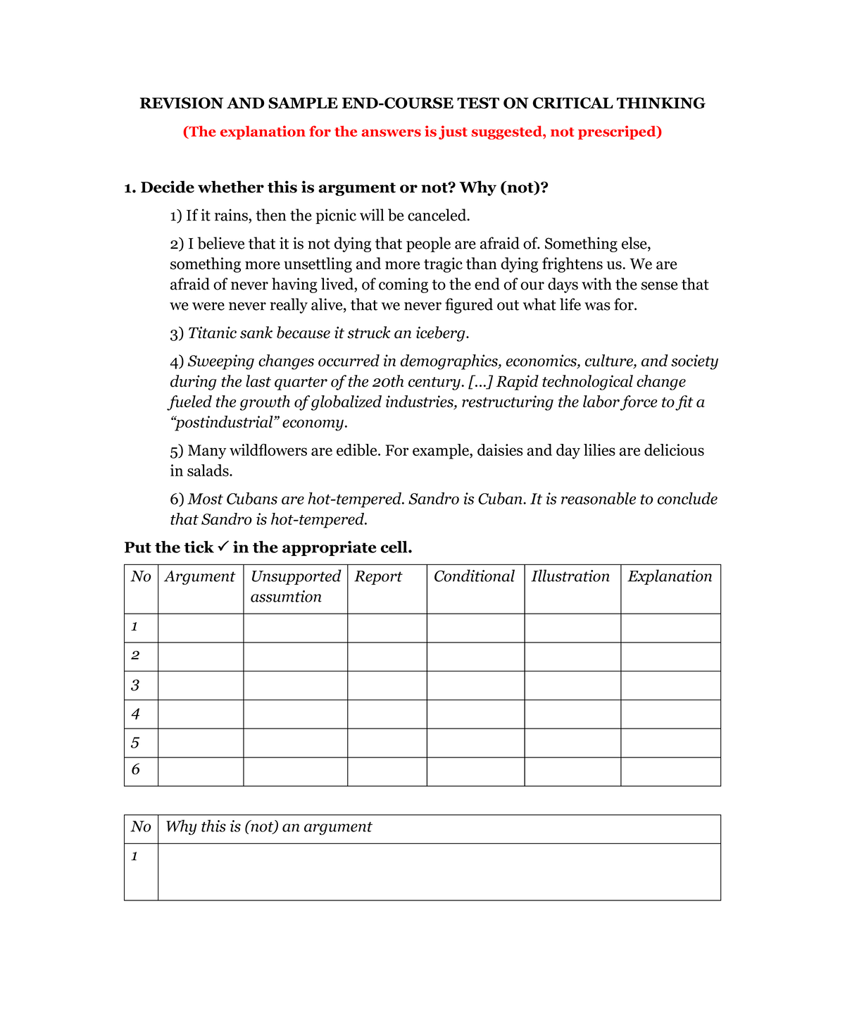Revision and Sample Test on Critical Thinking (Course 202512102030 ...