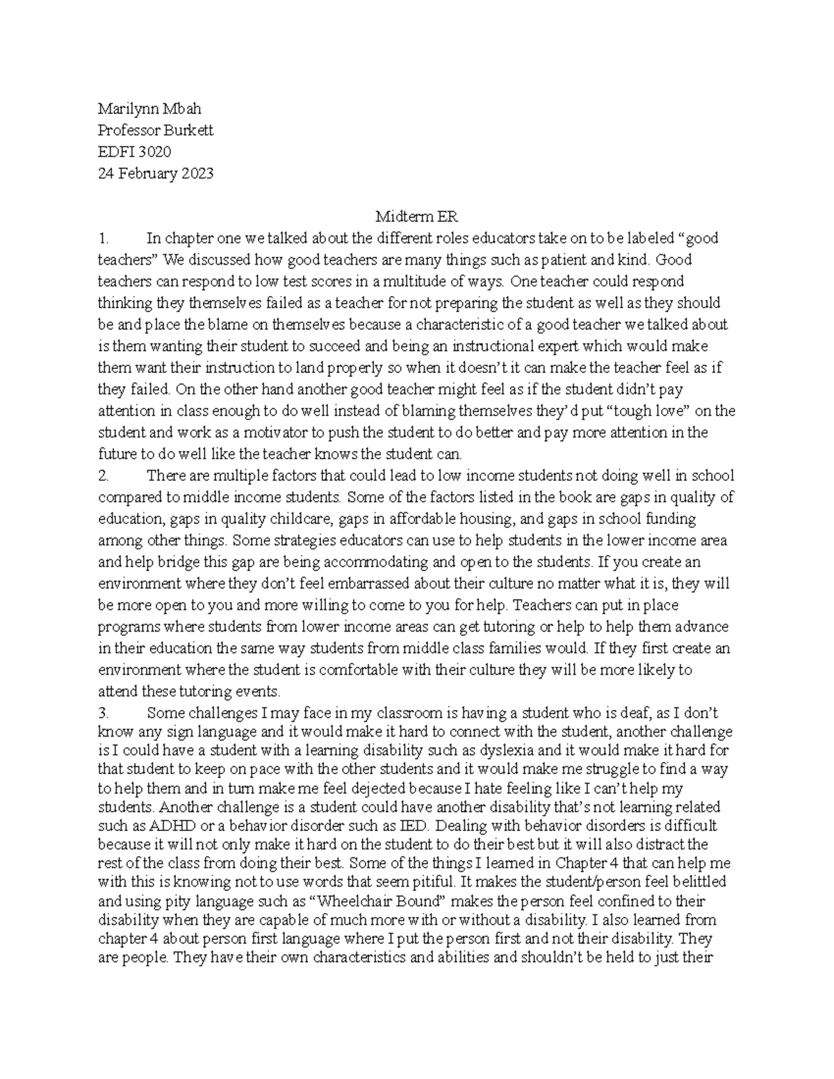 Edfi 3020 midterm - Marilynn Mbah Professor Burkett EDFI 3020 24 ...
