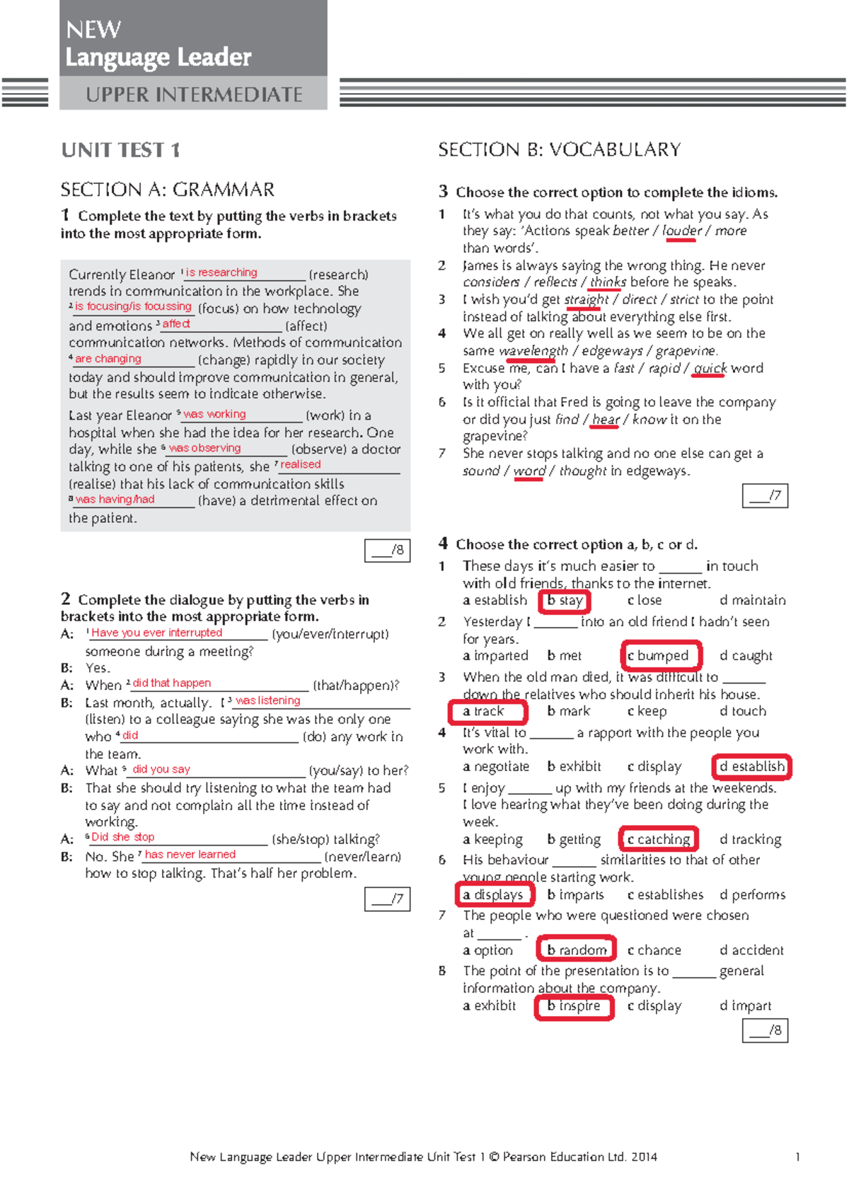 New Language Leader Upper Intermediate Unit Test 1 - Grammar & Skills ...