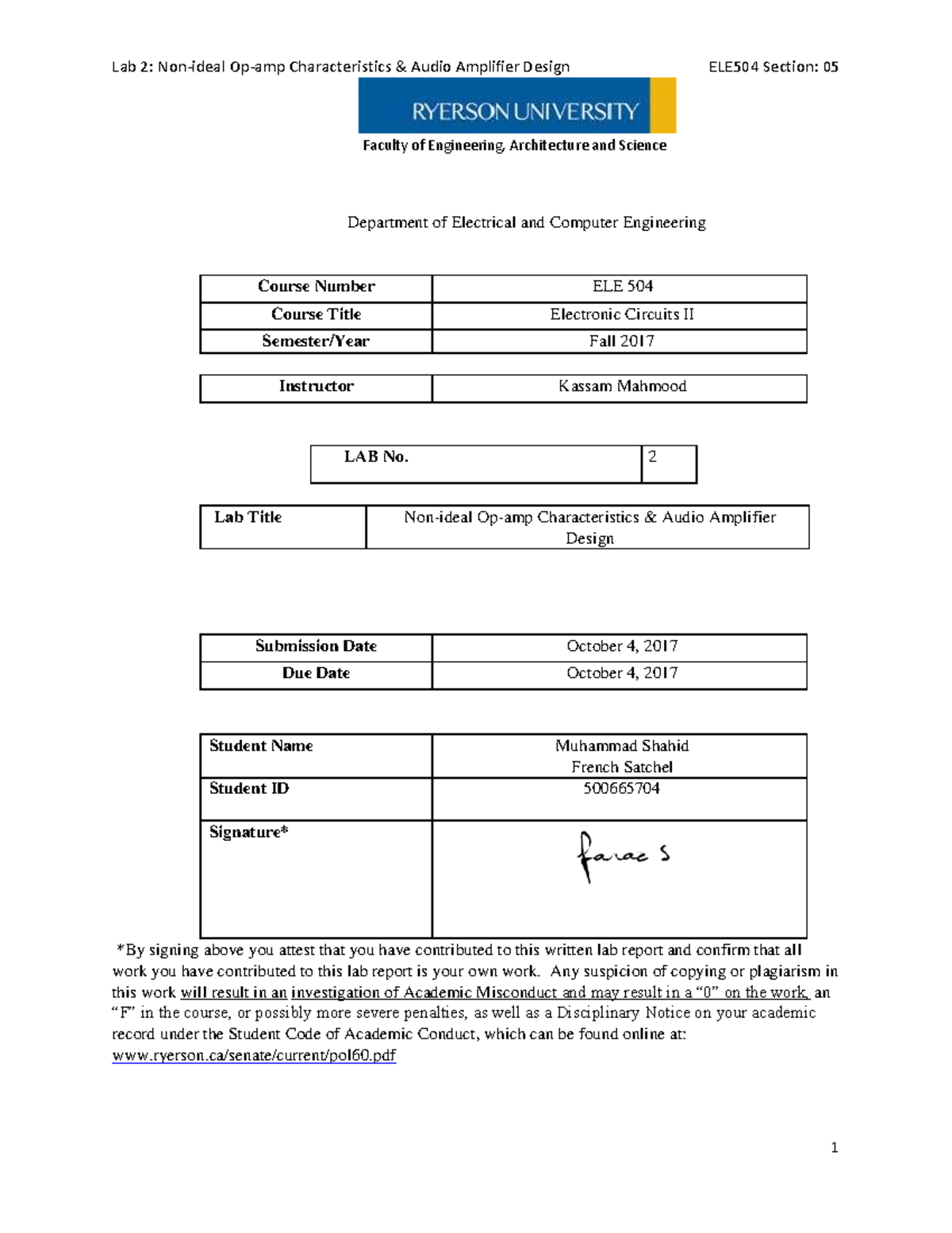 Lab 2: Characteristics of Audio Amplifier Design - ELE504 - Studocu