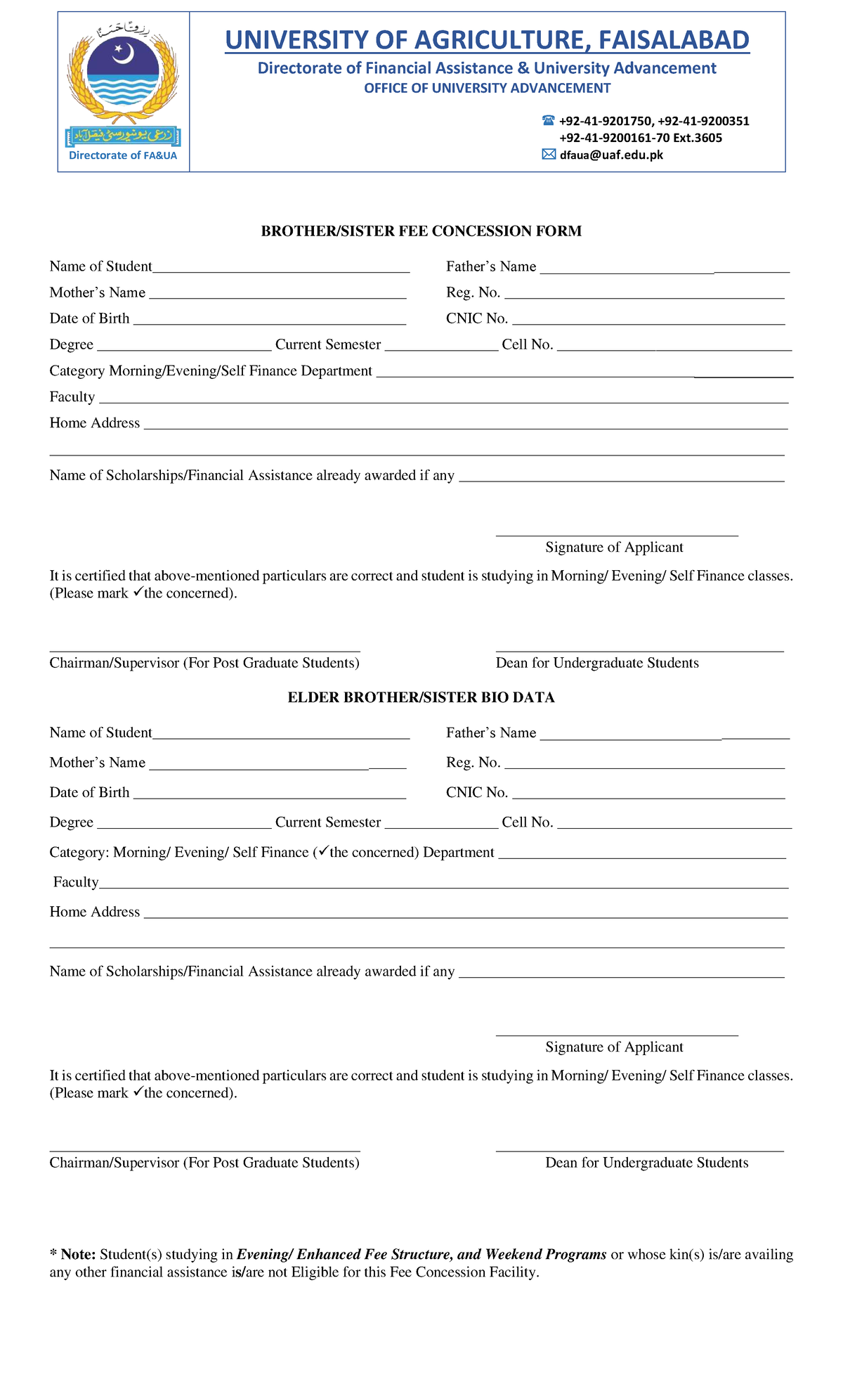 Fee Concession Form for Self Finance Students - UAF - Studocu