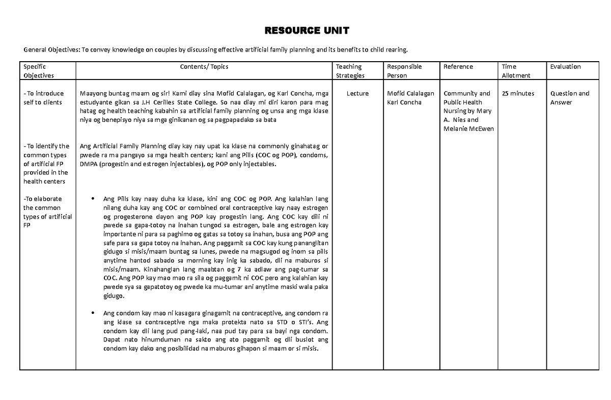Family Planning Health Teaching Resource Unit: Objectives and ...
