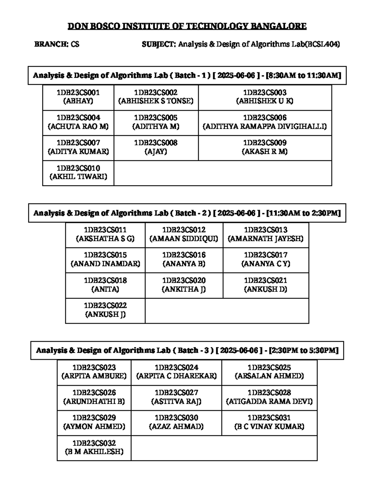 BCSL404 - Analysis Design of Algorithms Lab External Exam Timetable ...