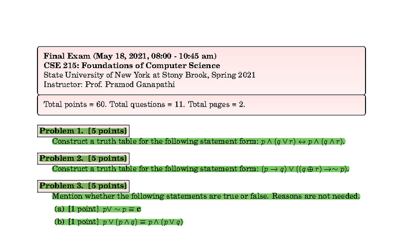 CSE 215: Final Exam Review - Foundations of Computer Science - Studocu