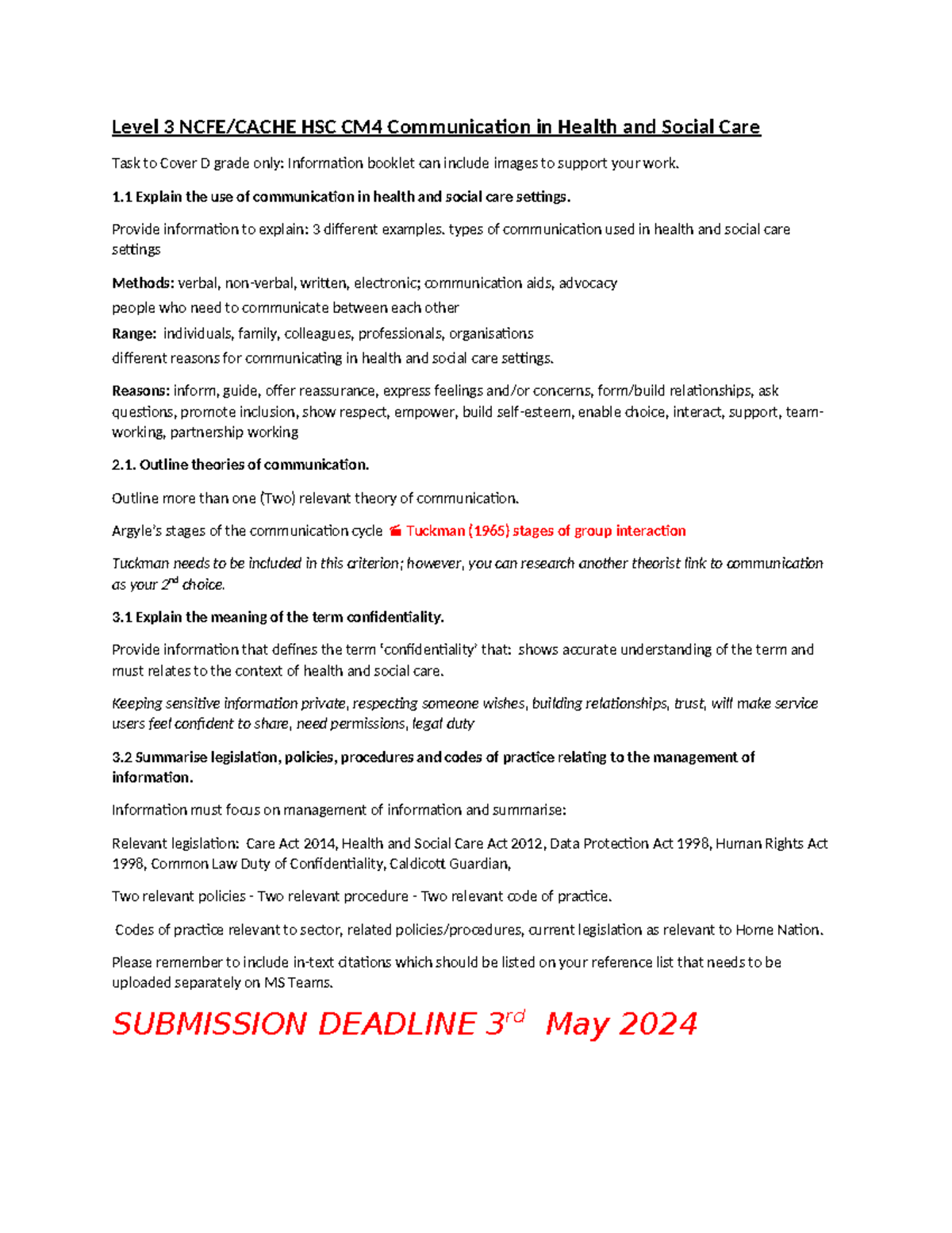 HSC CM4 Communication in Health and Social Care - Information Booklet ...